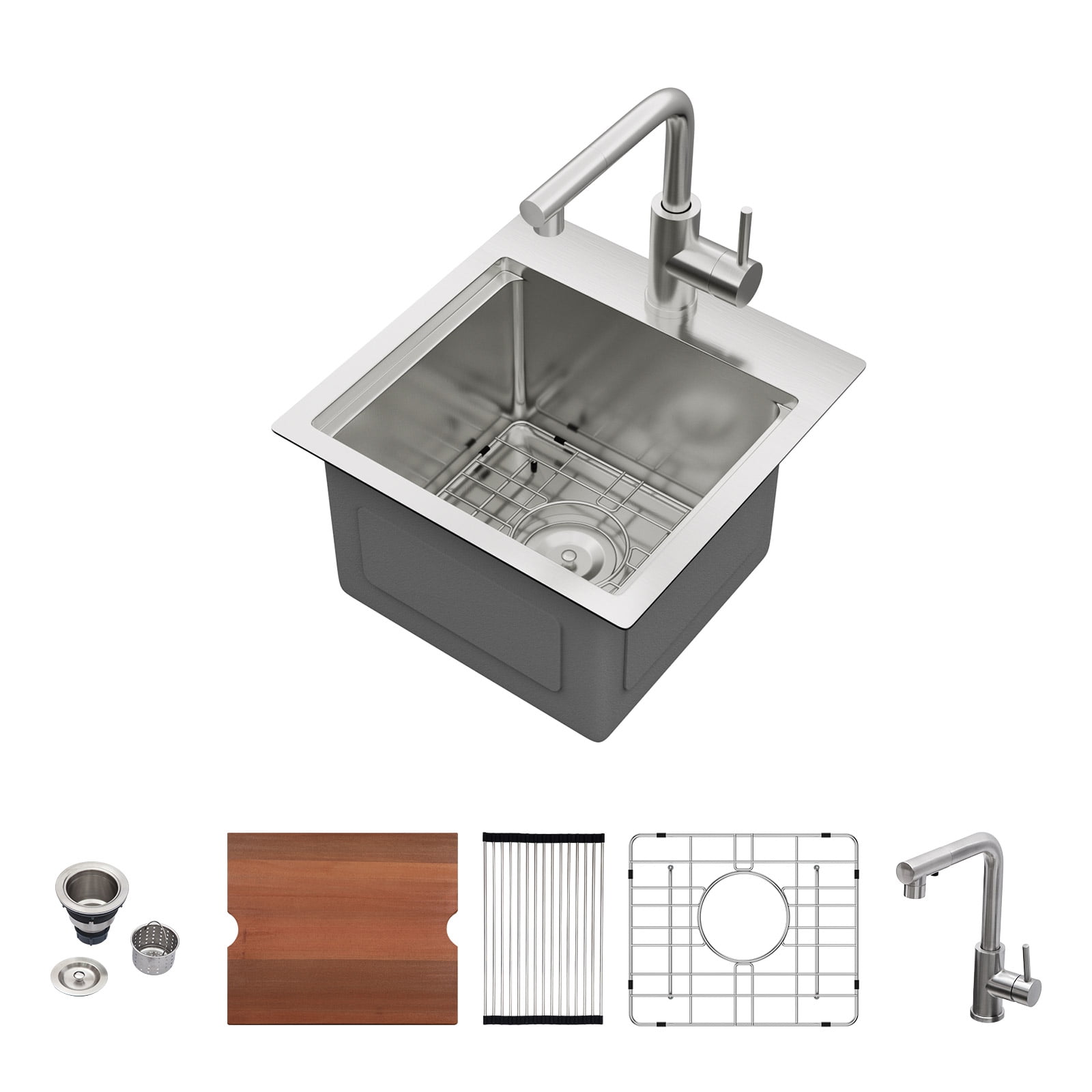 15 in. x 15 in. Drop in/Top mount Workstation Kitchen Sink with Facuet ...
