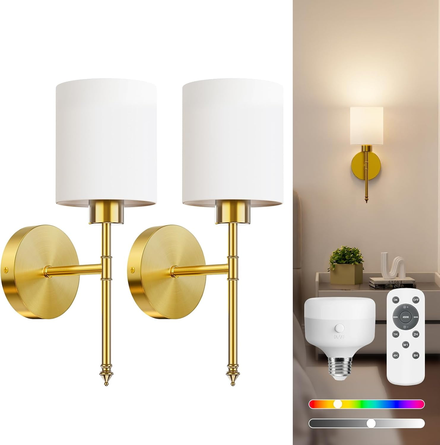 15 inch Battery Operated Wall Sconce Set of 2, Gold Wireless ...