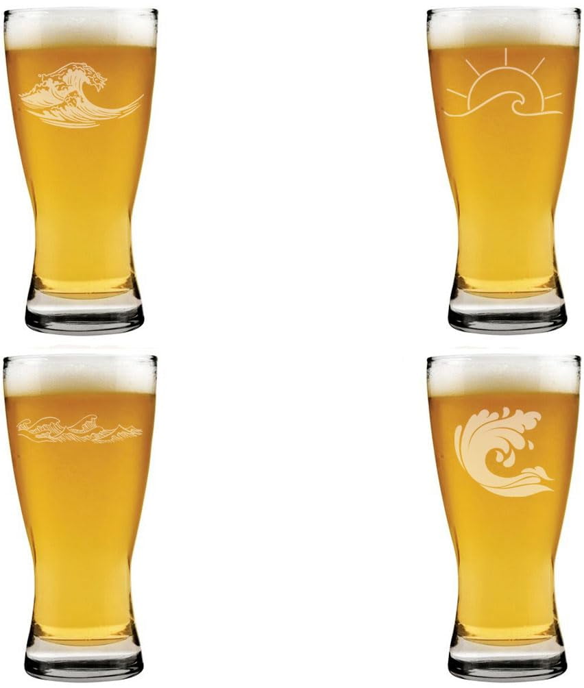 15 oz Beer Pilsner Glass Gift Set of 4 Wave Ocean Lake River Collection ...