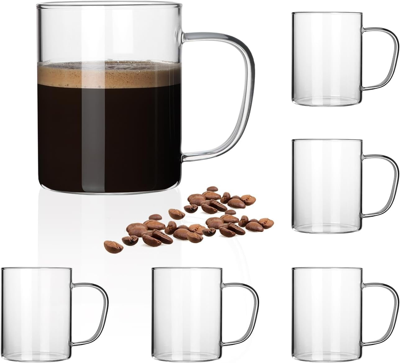 15 oz Glass Coffee Mugs Set of 6, Clear Coffee Cup with Handle for Tea ...