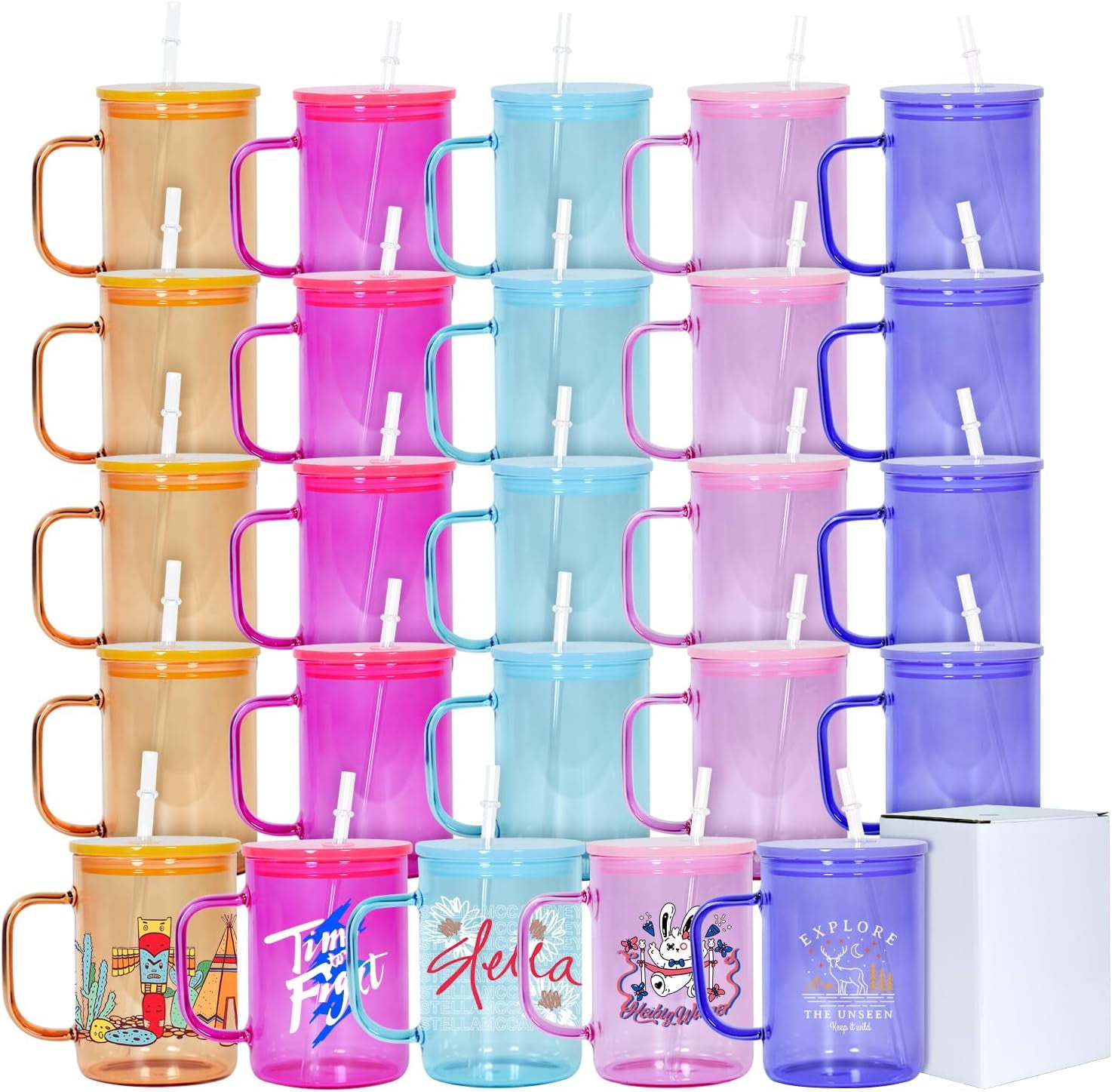 15 oz Sublimation Glass Blanks with Colorful Lid and Straw, 25 pack ...