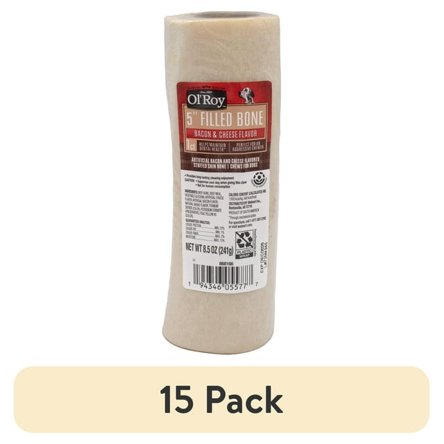 (15 pack) Ol' Roy 5" Stuffed Shin Dog Dry Chew Bone, Bacon & Cheese 1 ...