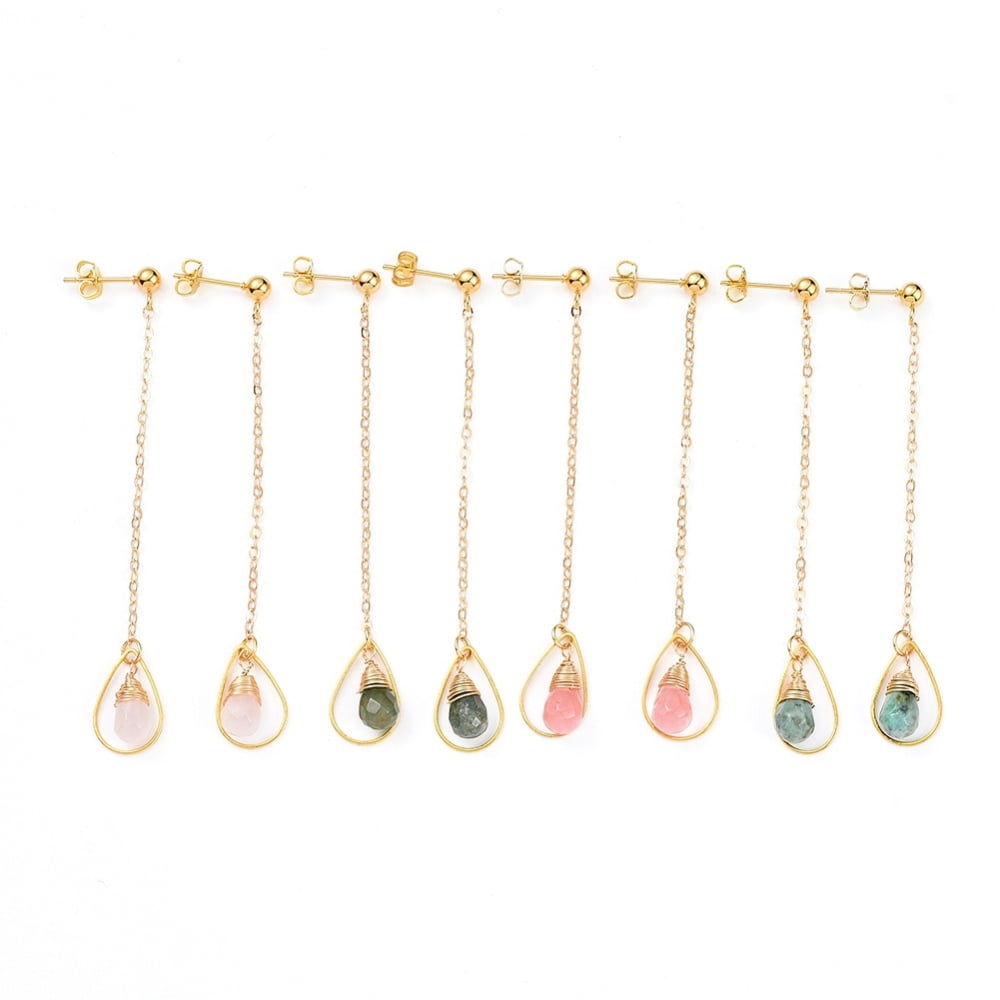 15 pair Wire Wrapped Natural Gemstone Dangle Stud Earrings with 304 ...
