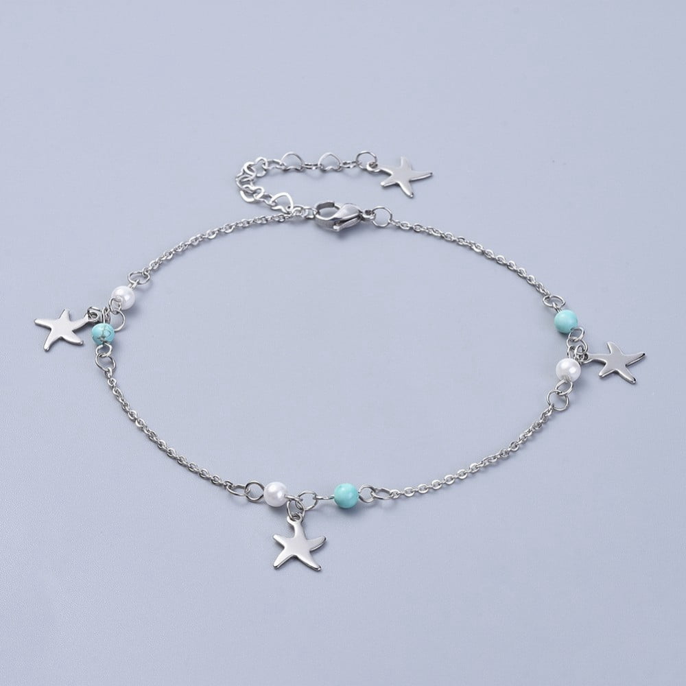 15 pc 304 Stainless Steel Charm Anklets with Turquoise Beads and Glass ...