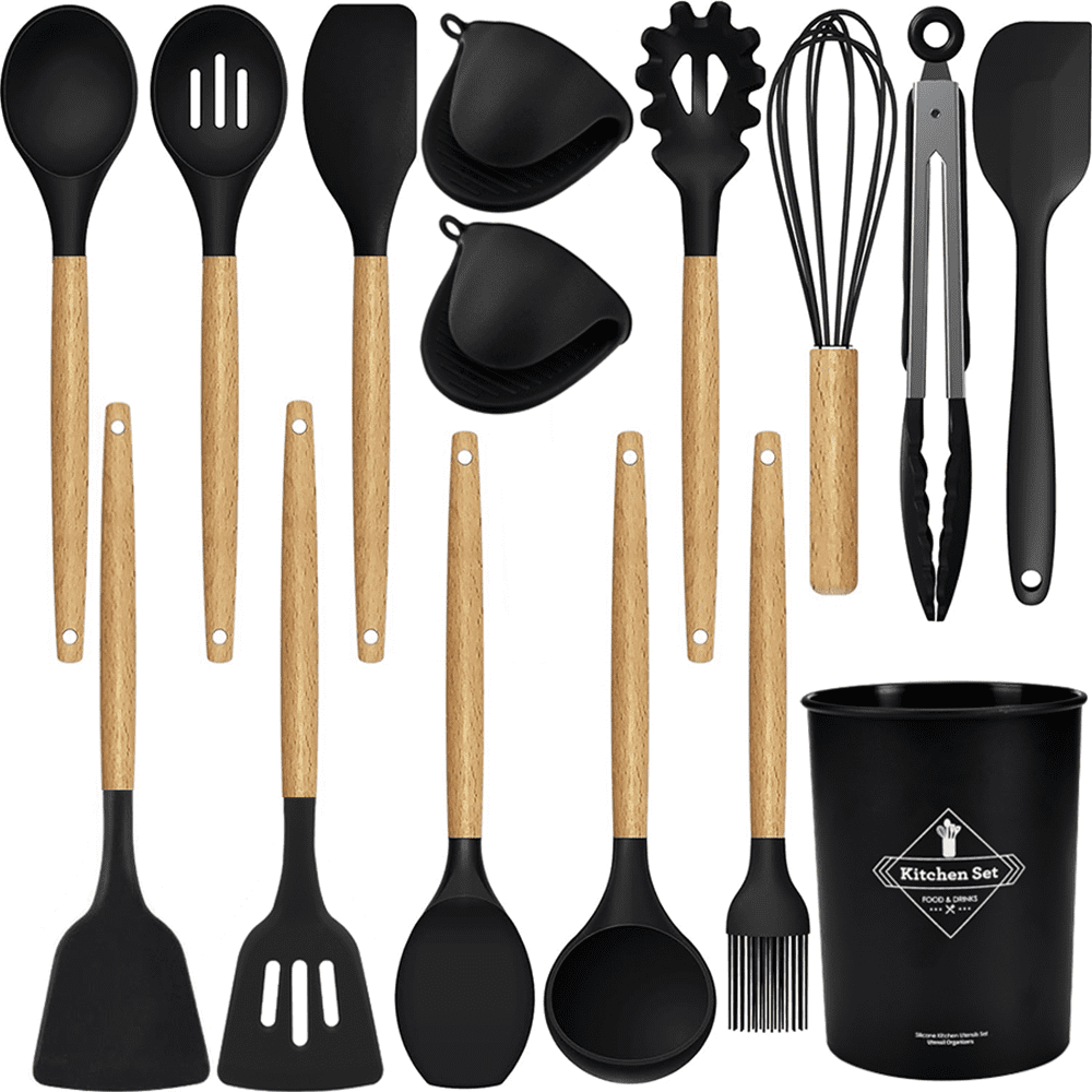 15-piece wooden handle silicone kitchenware set Kitchen Cooking set for non-stick cookware ...
