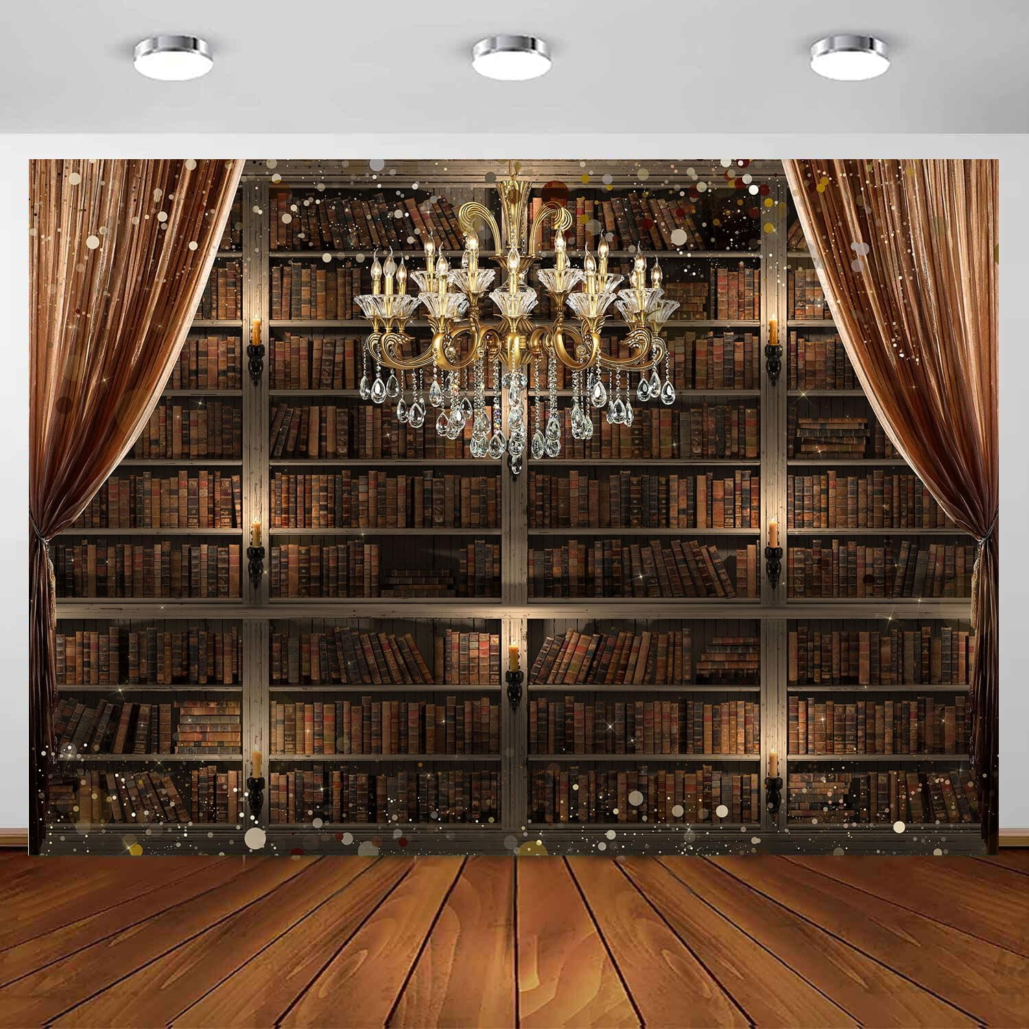 15 x 10 ft Bookshelf Photo Backdrop,Glitter Crystal Chandelier Library ...