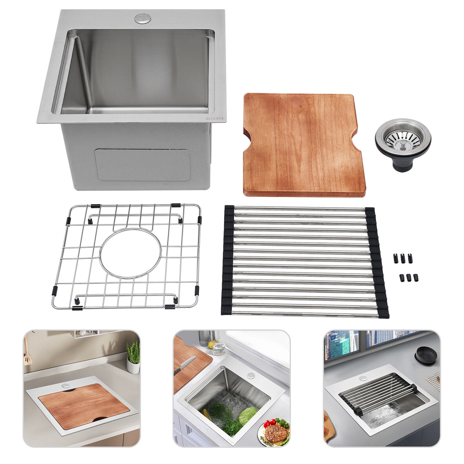 15 x 15 inch Stainless Steel Drop-in Bar Sink Topmount Kitchen Sink ...