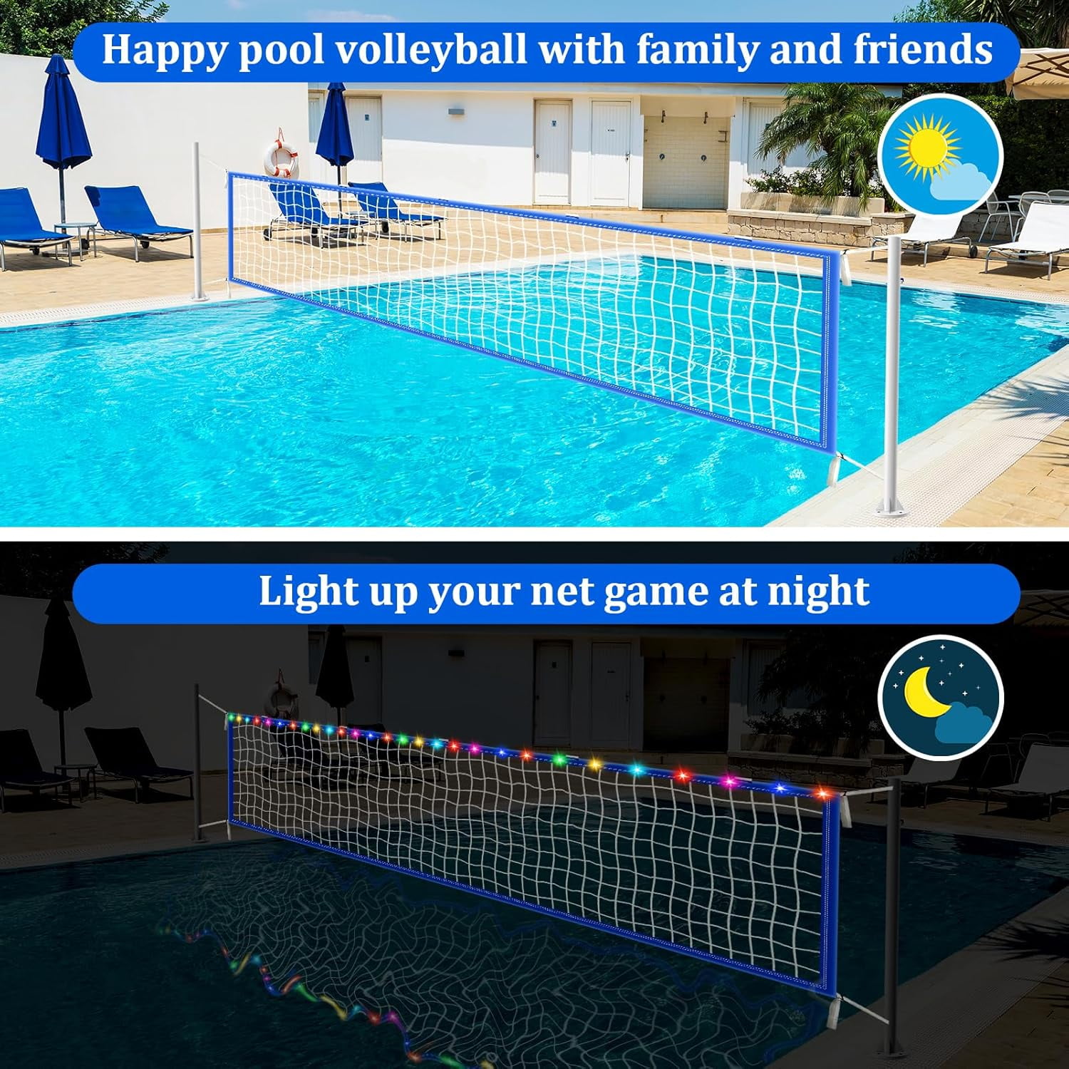 15 x 3FT Pool Volleyball Net with LED Lights and Storage Bag ...