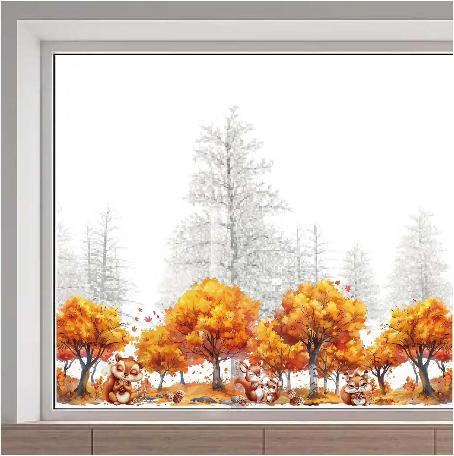 15 x 46 Inch Squirrel Window Stickers Large Fall Gold Tree Maple Leaves Pine Cones Window Decals ...
