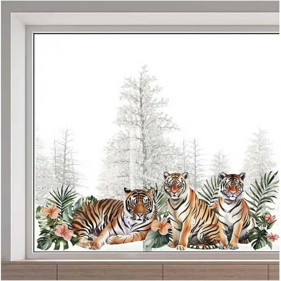 15 x 46 Inch Tiger Window Sticker Large Plants Flowers Animal Non ...