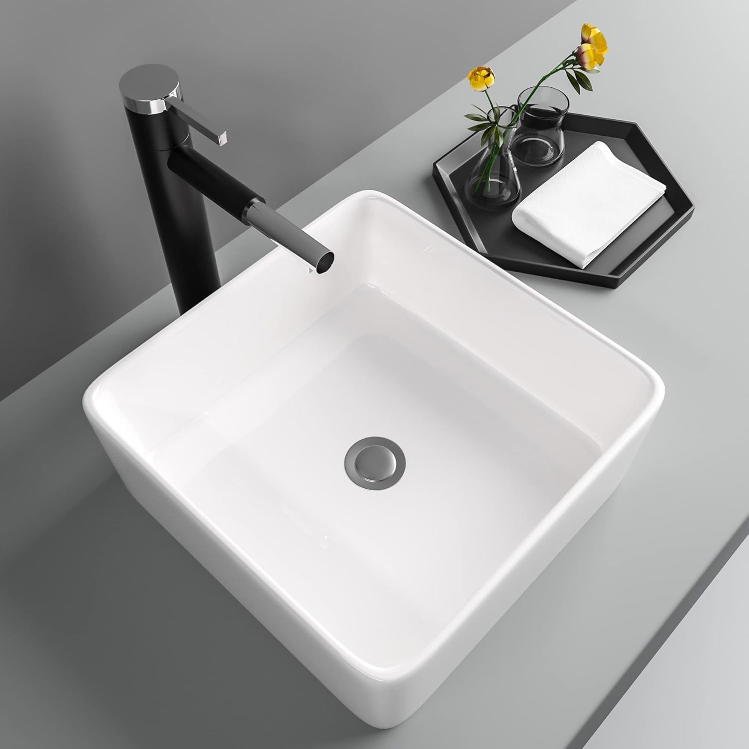 15"x15" Square Vessel Sink Bathroom Sink Above Counter White Ceramic Porcelain Lavatory Vanity ...