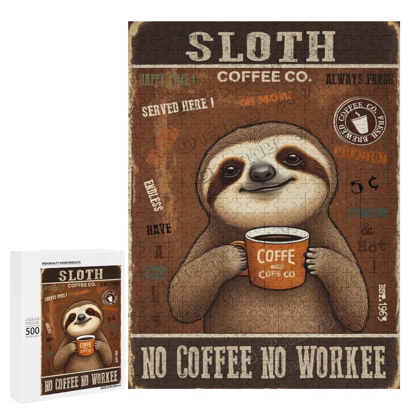 15"x21" Wooden Sign - Sloth With Coffee, 500 Piece Puzzle for Adults ...