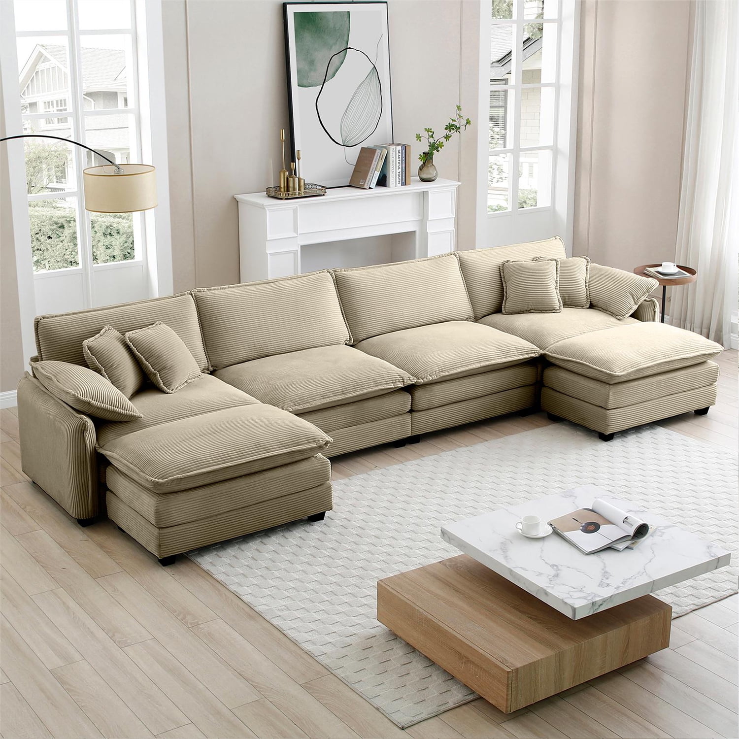 150.38" Large Sectional Couches for Living Room, Camel Deep Seat 4 Seater U Shaped Corduroy ...