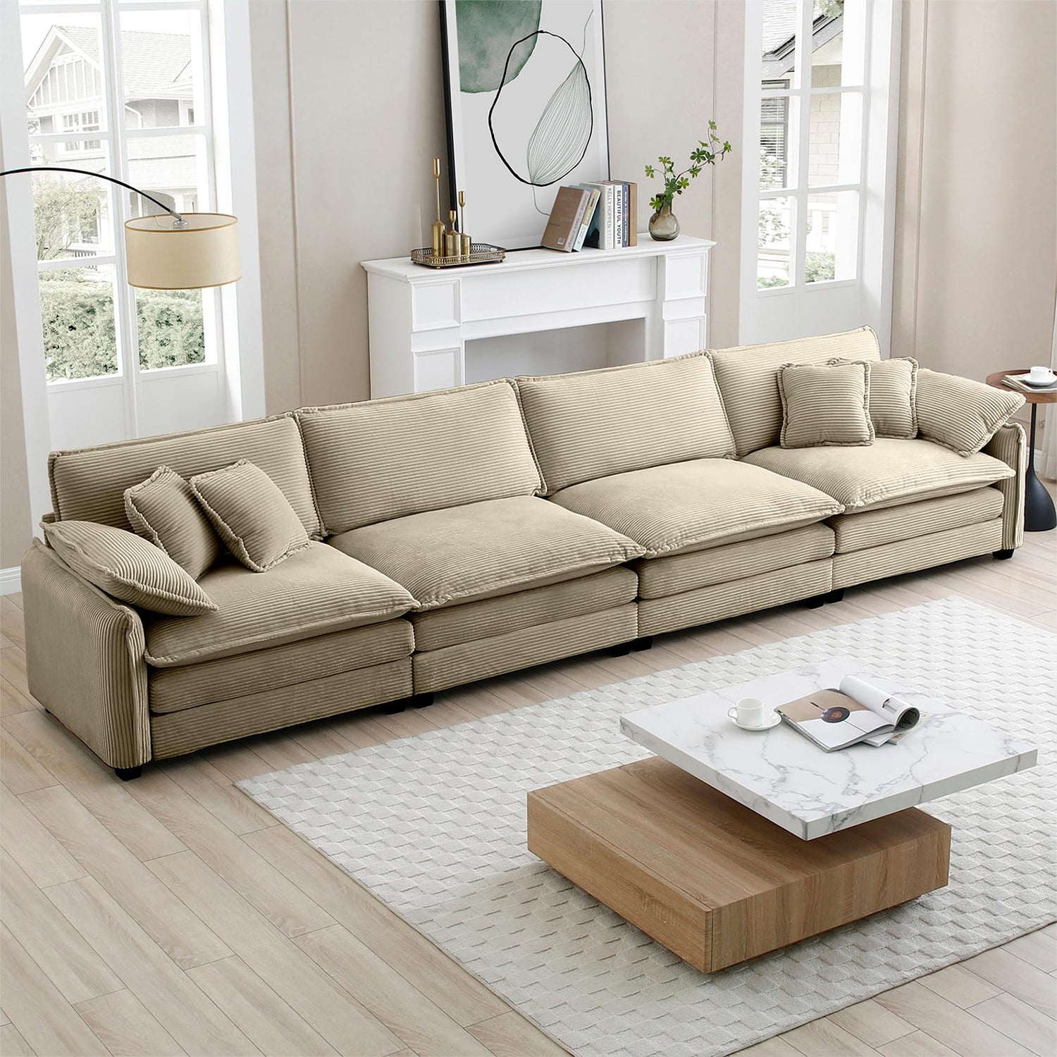 150.38" Large Sectional Couches for Living Room, Camel Deep Seat 4 Seater Corduroy Couch, Modern ...