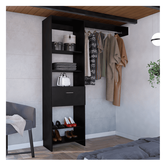 150 Closet System with Metal Rod & Shelves - Black Wardrobe Organizer ...