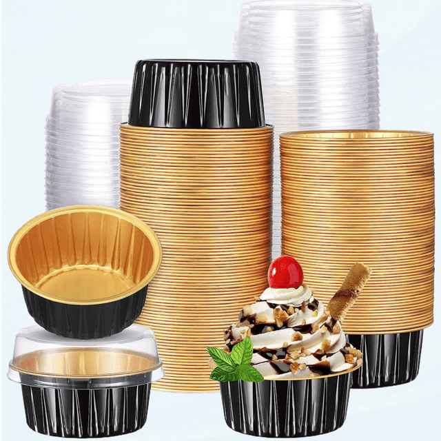 150 Count Aluminum Foil Baking Cup Disposable Ramekins with Lids 5oz ...