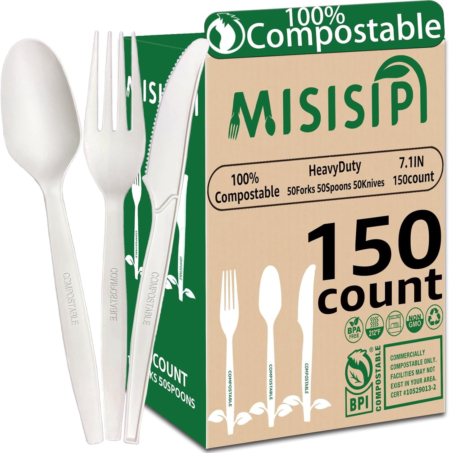 150-Count Compostable Utensils Set - Heavy Duty BPI Certified, Plastic ...