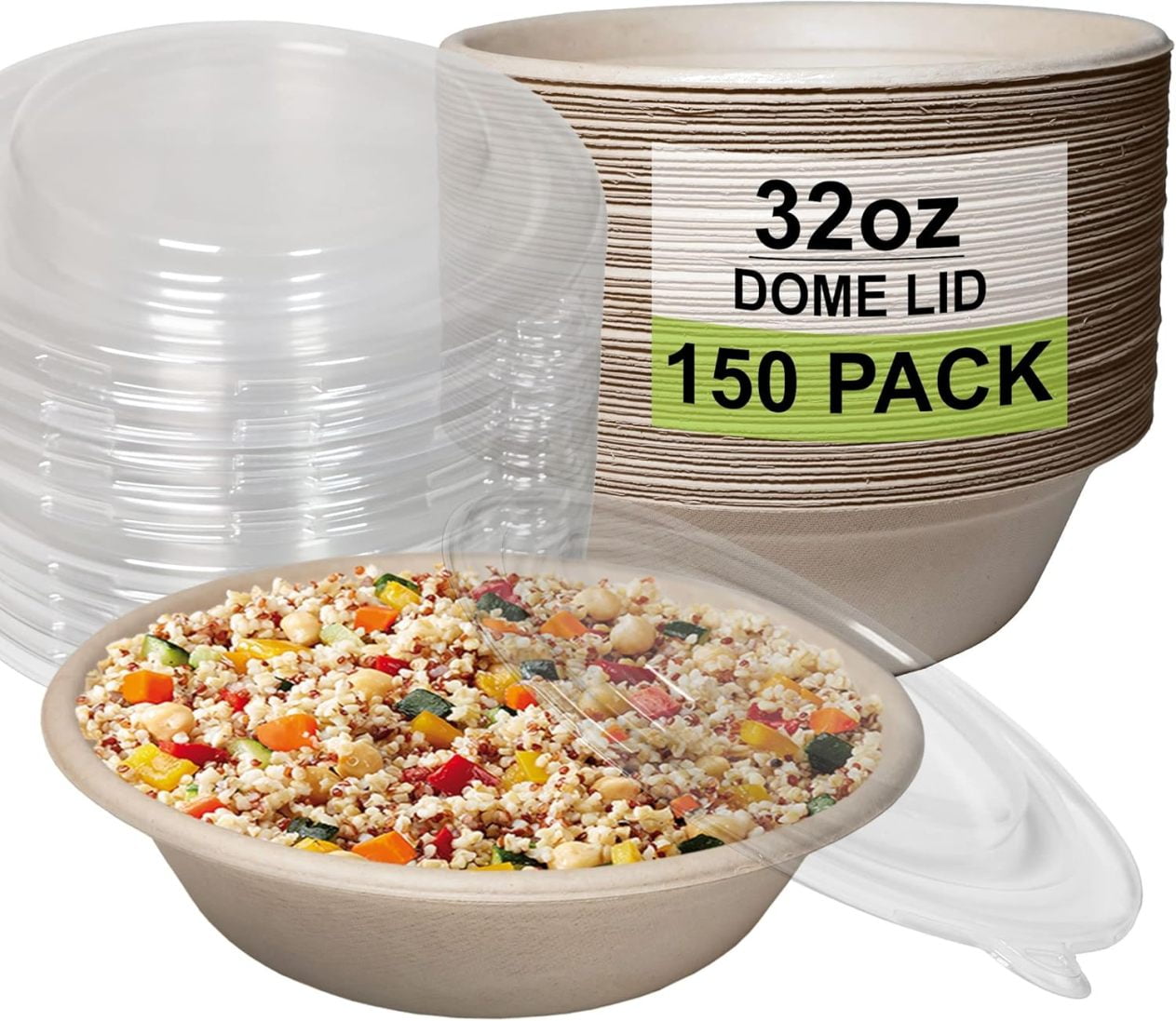 150 Count - YXNF 32oz Round Disposable Bowls with Dome Lids Natural ...