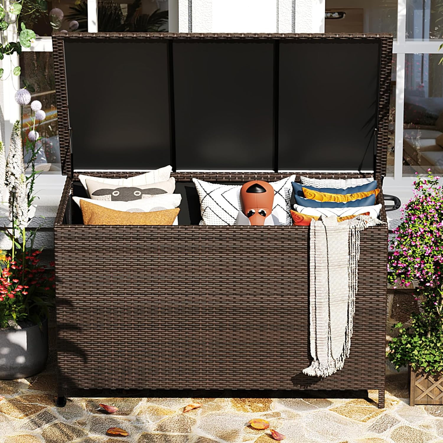 150 Gallon Brown Large Patio Box - Waterproof PE Rattan Outdoor Storage ...