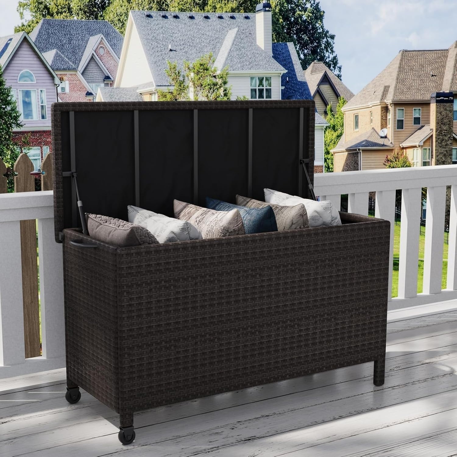 150 Gallon Rattan Deck Box, Outdoor Storage Box with Support Frame and ...