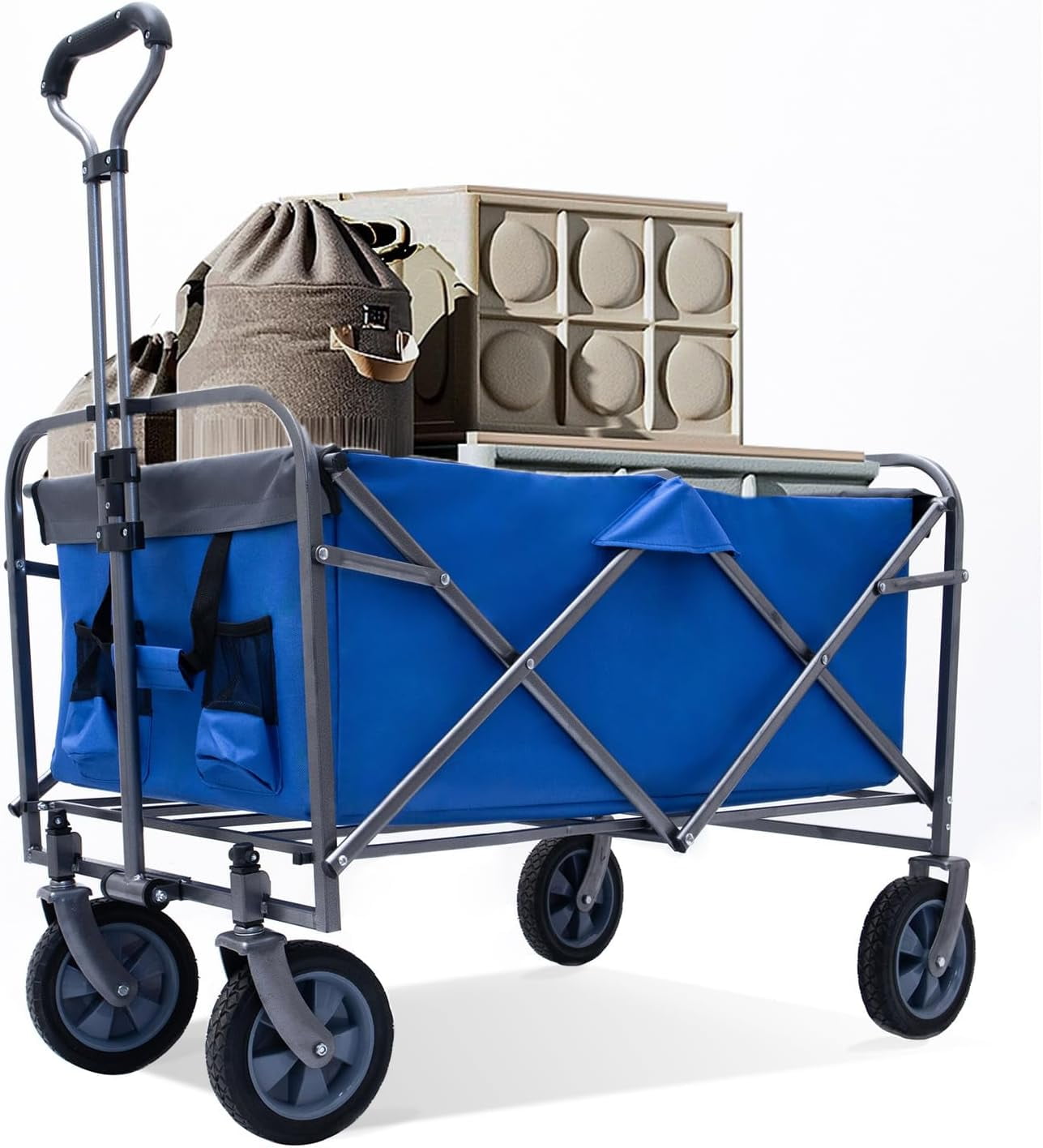 150 LBS Garden Cart, Blue Utility Collapsible Wagon Cart, Steel Frame ...