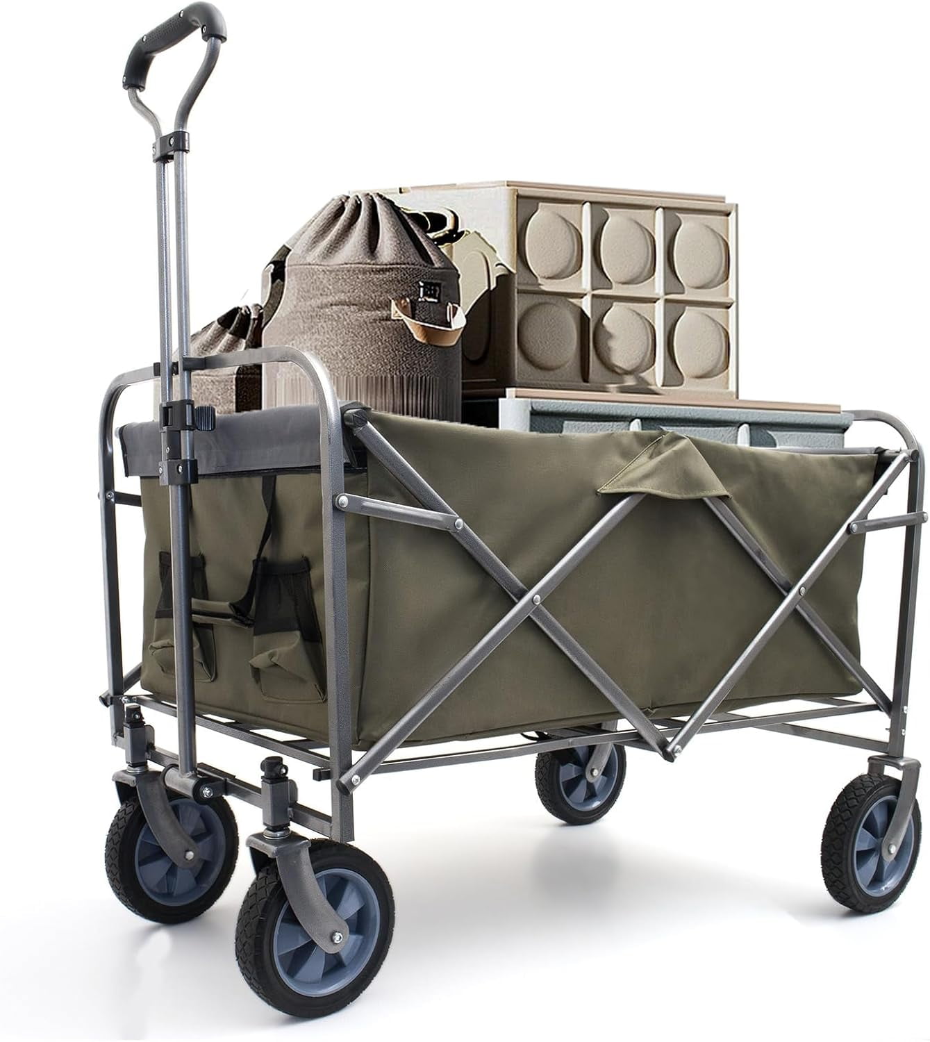 150 LBS Garden Cart, Khaki Utility Collapsible Wagon Cart, Steel Frame ...