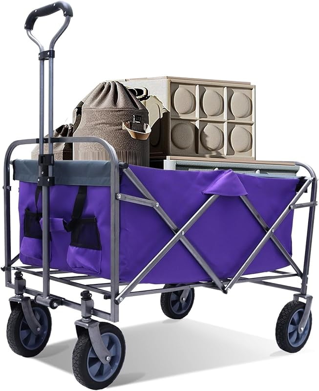 150 LBS Garden Cart, Purple Utility Collapsible Wagon Cart, Steel Frame ...