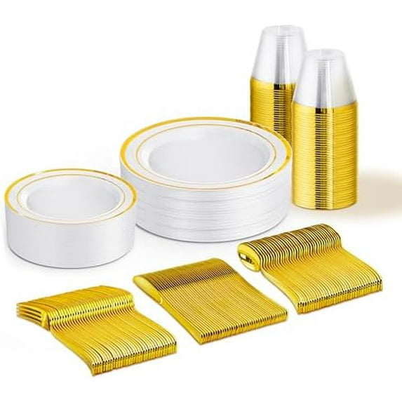 150 PCS Gold Disposable Dinnerware Set for 25 Guests, Gold and White ...