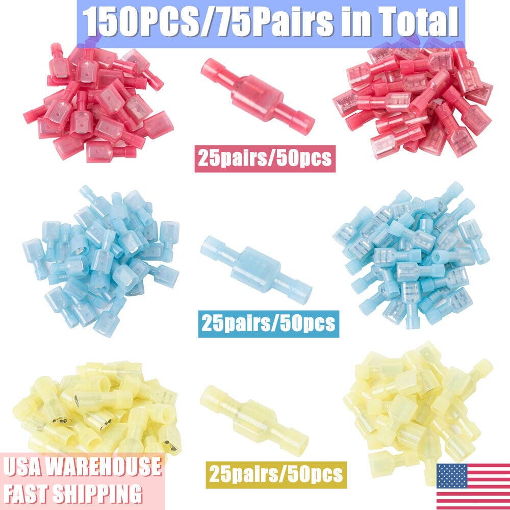150 PCS Nylon Fully Insulated Quick Splice Spade Wire Crimp Terminals ...