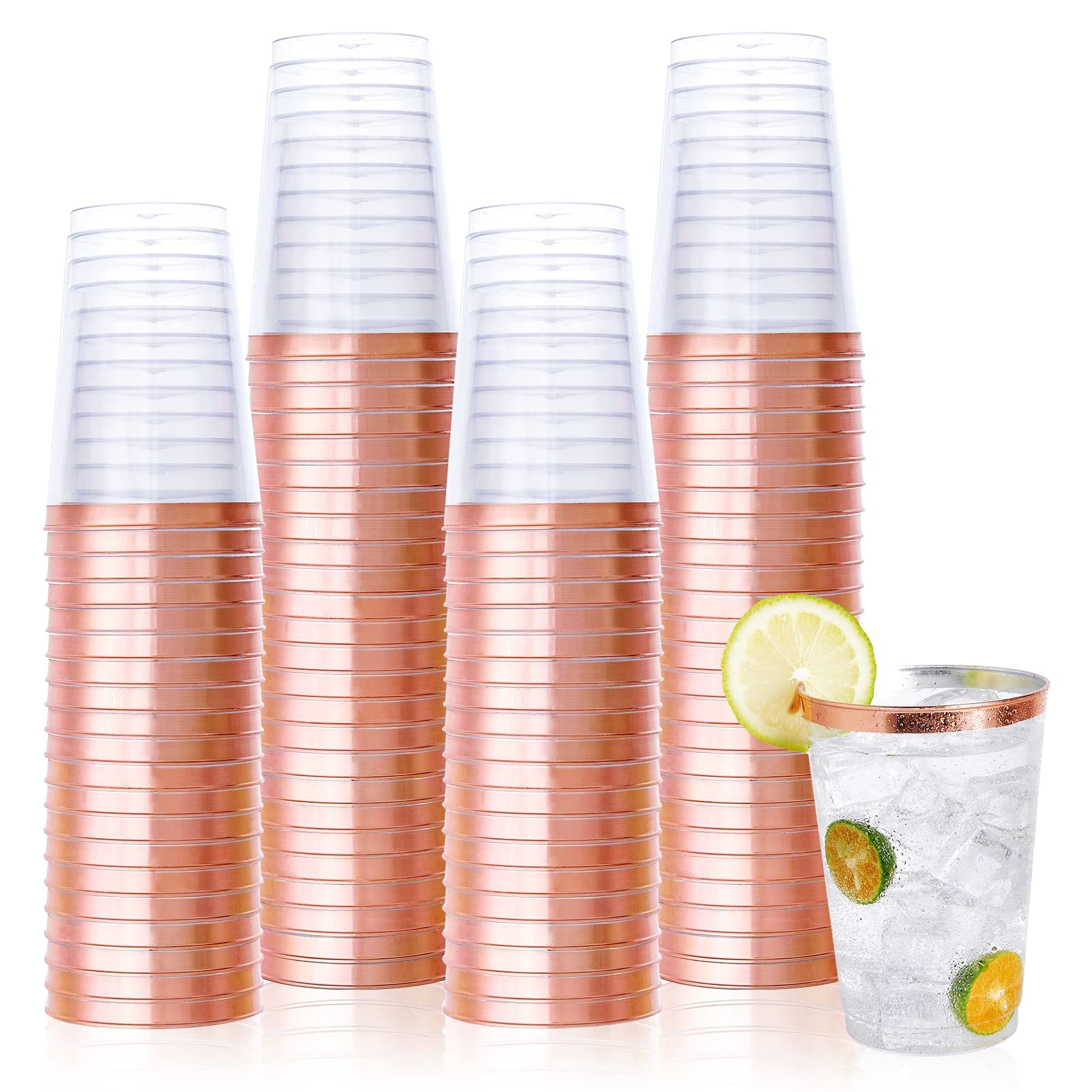 150 Pack 12 oz Clear Plastic Cups Gold Rimmed Reusable Heavy Duty ...