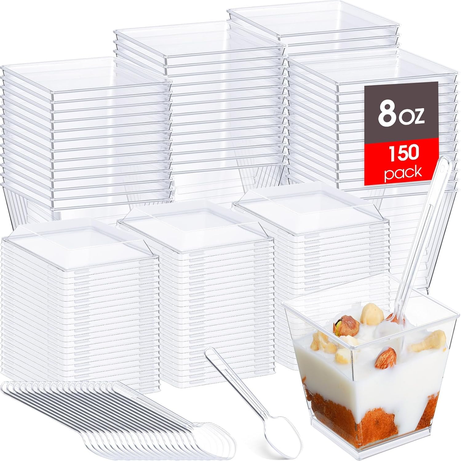 150 Pack 8 oz Plastic Dessert Cups with Lids and Spoons Square Parfait ...