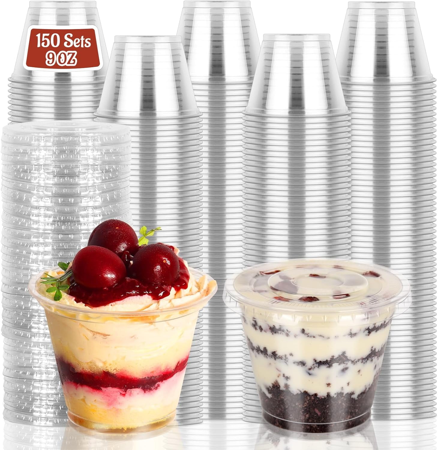 150 Pack 9 oz Clear Plastic Cups with Lids No Hole, Dessert Cups ...