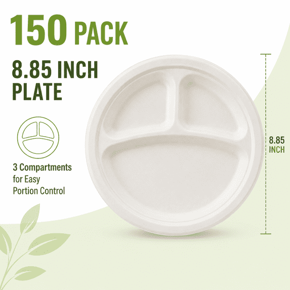 150 Pack Compostable 3 Compartment Plates, 8.85 Inch Heavy-Duty ...