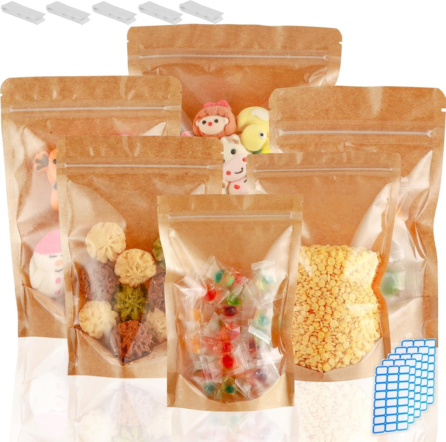 150-Pack Kraft Bags with Window 8 X 12" Reclosable Large Stand Up Mylar ...