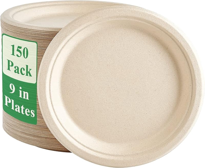 150 Pack Paper Plates 9 inch 100% Compostable, Heavy-Duty Disposable ...
