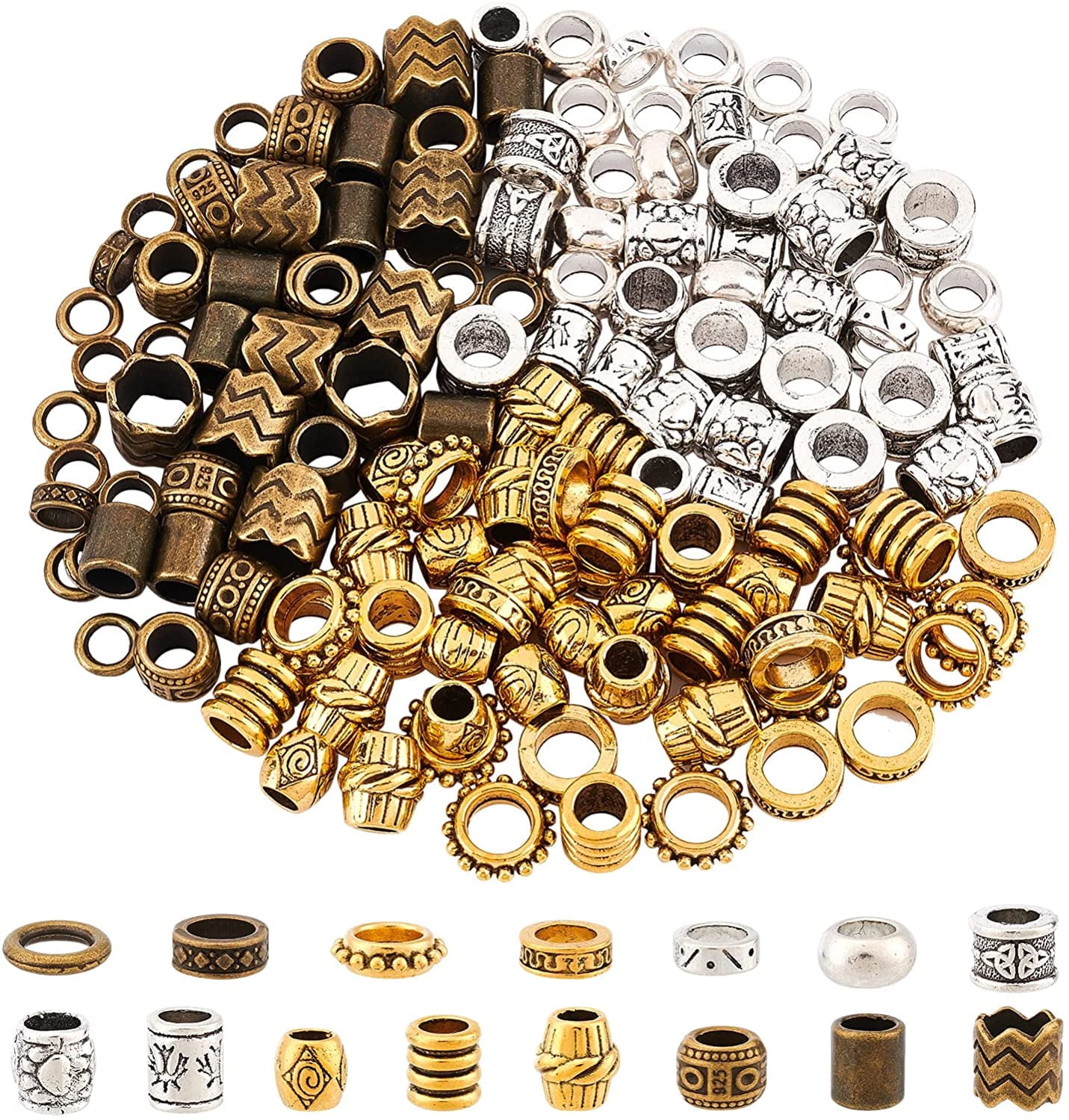 150 Pcs 15 Styles African Hair Beads Beard Beads Big Hair Beads Tibetan ...