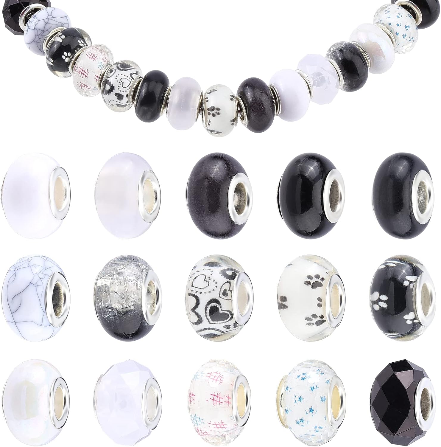 150 Pcs Assorted European Large Hole Spacer Beads 15 Styles Black White ...