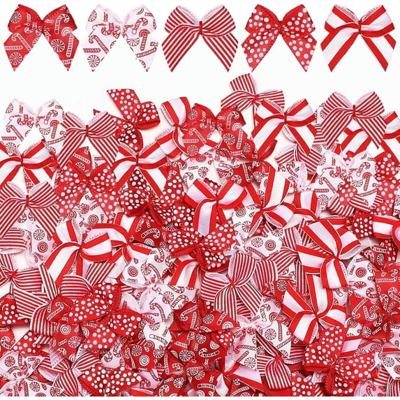 150 Pcs Christmas Mini Ribbon Bows Red and White Candy Cane Lollipop ...
