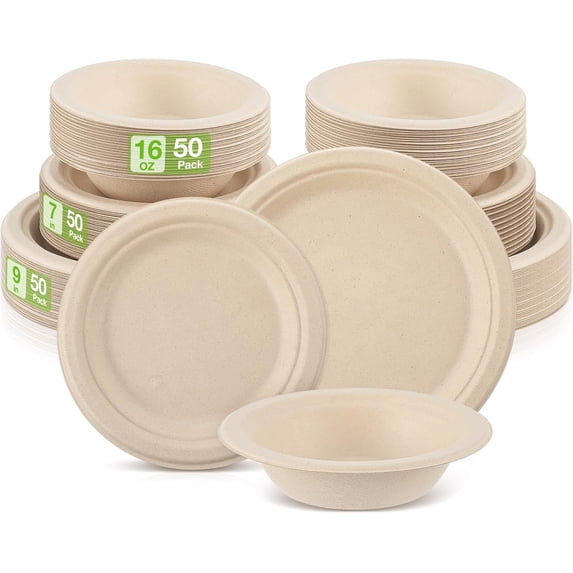 150 Pcs Compostable Paper Plates and Bowls Set - 7 Inch & 9 Inch ...