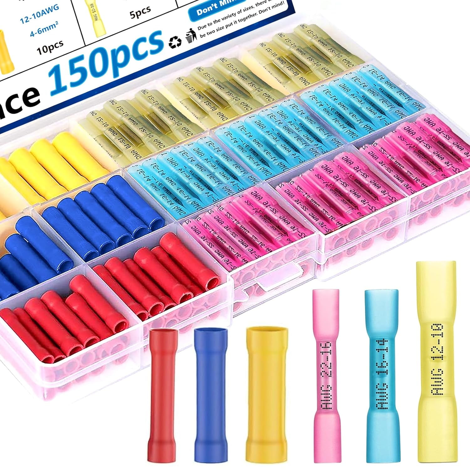 150 Pcs Heat Shrink Butt Splice Connectors Kit 22-10AWG Butt Wire ...