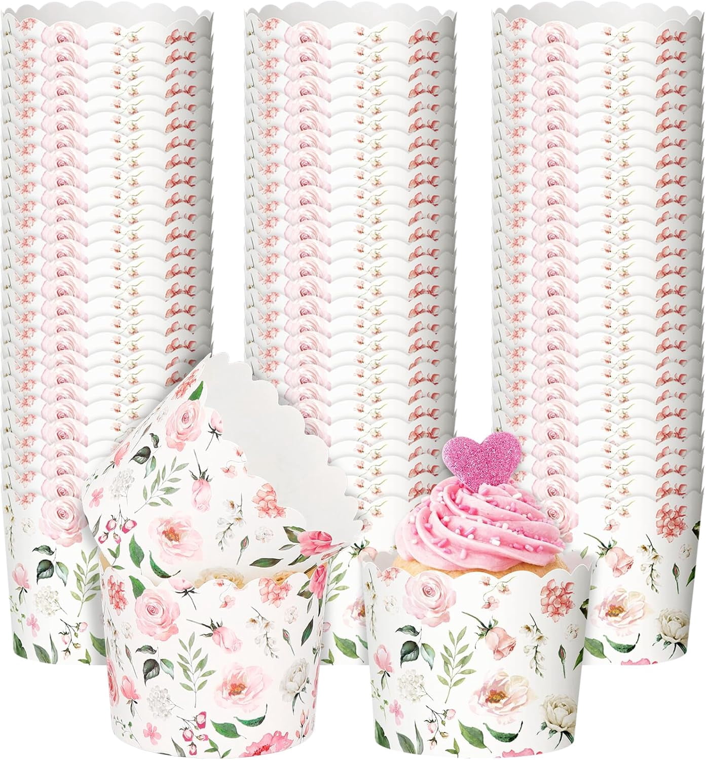 150 Pcs Pink Floral Cupcake Wrappers Liners Rose Paper Baking Cups ...