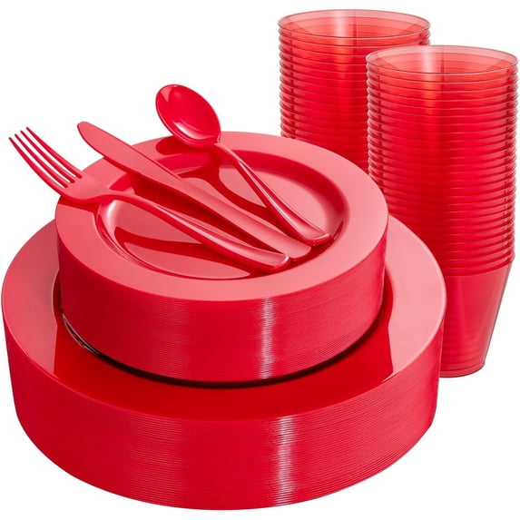 150-Piece Red Plastic Dinnerware Set - Disposable Plates, Salad Plates ...