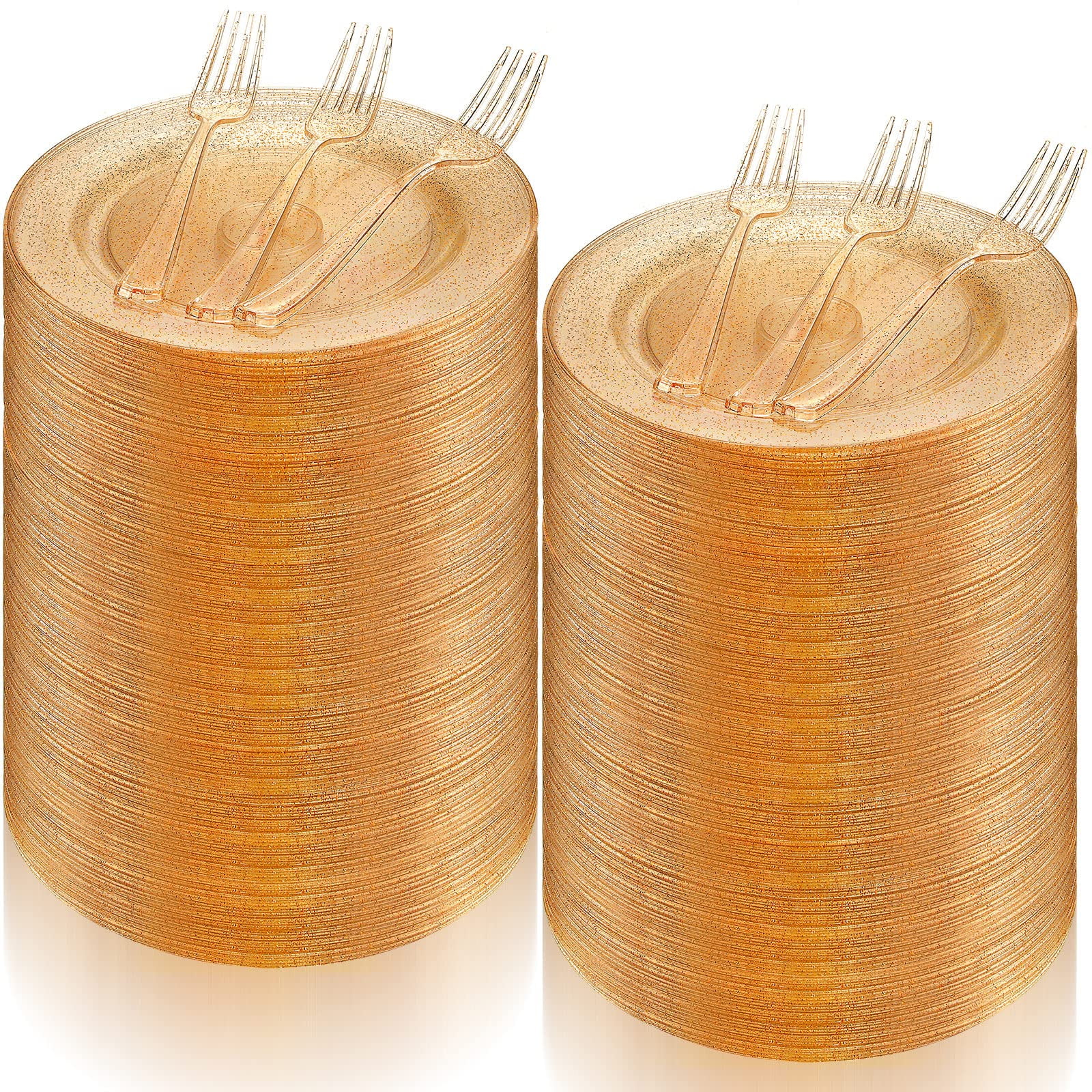 150 Pieces Gold Glitter DHF10 Plastic Dessert Plates and Plastic Forks ...