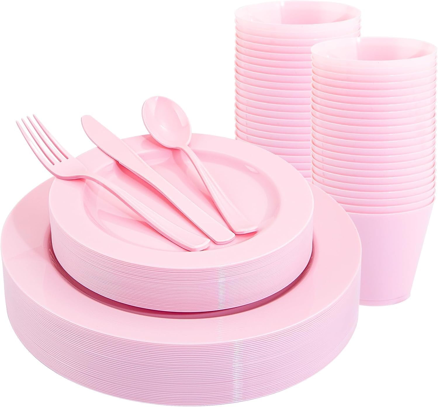 150 Pieces Pink Plastic Plates Disposable - Pink Dinnerware Set Include ...