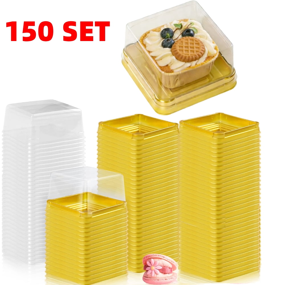 150 Set Gold 3" Cake Pans with Lids Clear Square Plastic Mini Cupcake ...