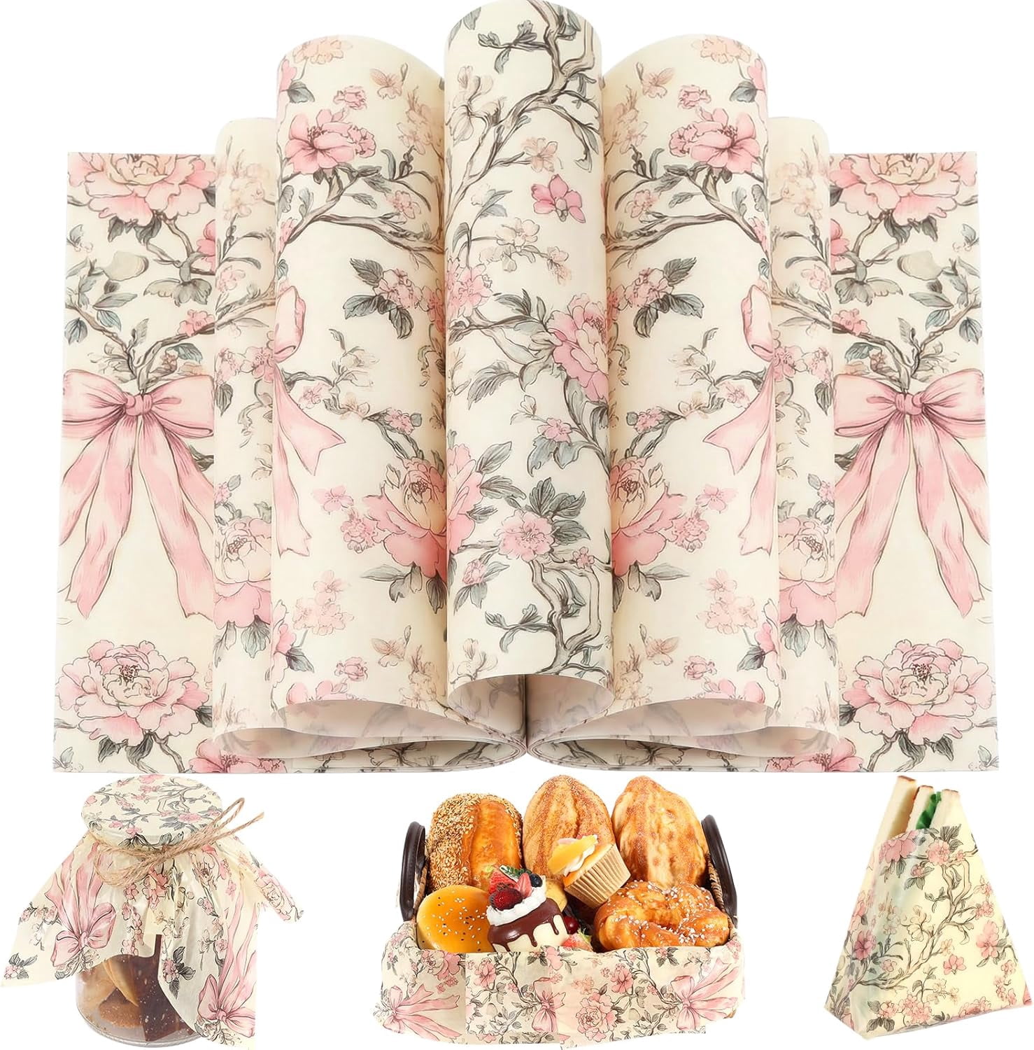 150 Sheets Pink Bow and Flower Wax Paper for Food Deli, 9.8 x 8.3 inch ...