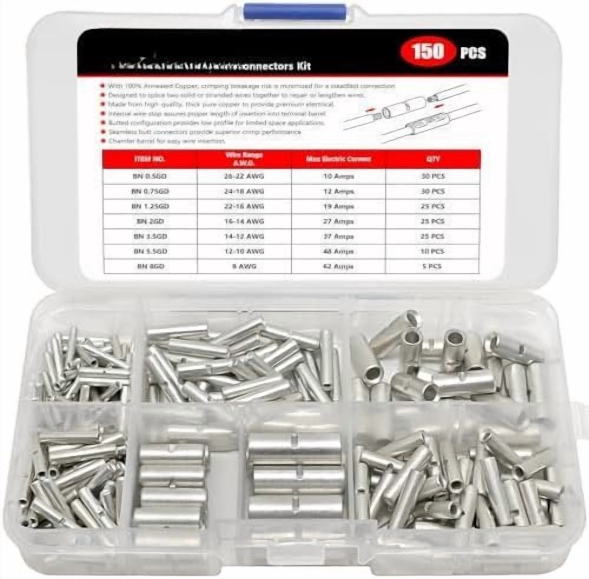 150 count Non Insulated Connectors Kit,26-8 Gauge Splice Connector ...