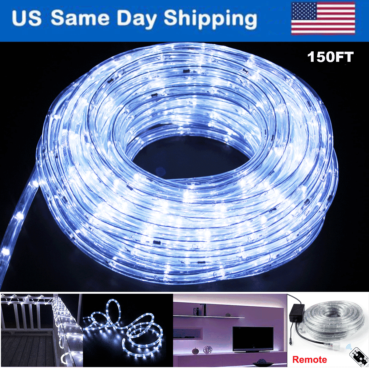 150 ft LED Rope Lights with Remote Controller 4 Lighting Mods White LED ...