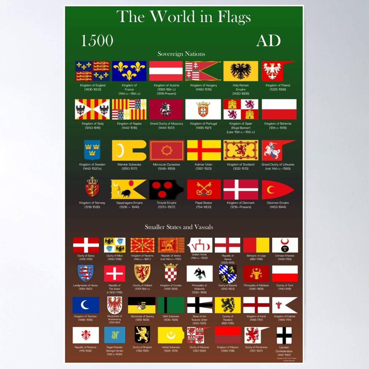 1500 Ad Flags Of The World Poster Wall Art, Modern Wall Decor For ...
