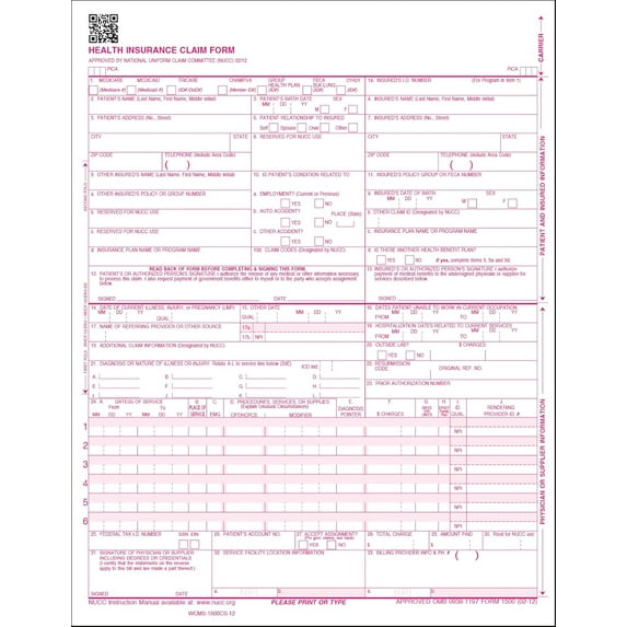 1500 Claim Forms - HCFA (Version 02/12) 2,500 SHEETS, APPROVED OMB-0938 ...
